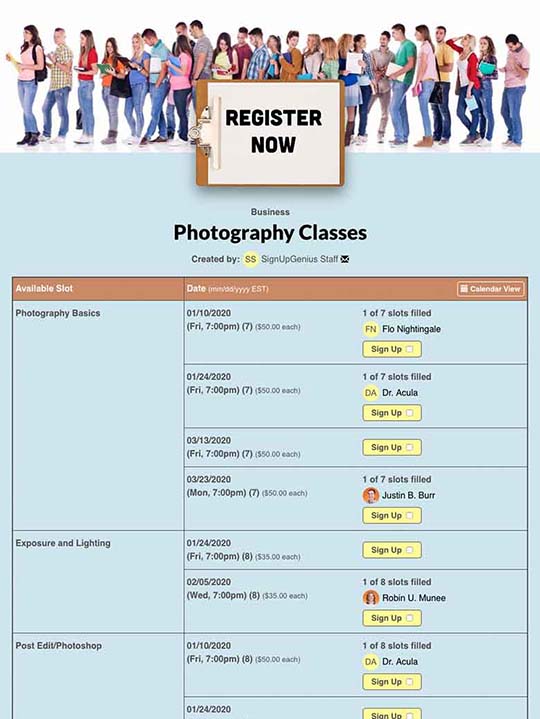 Photography Session Registration and Sign Up Software