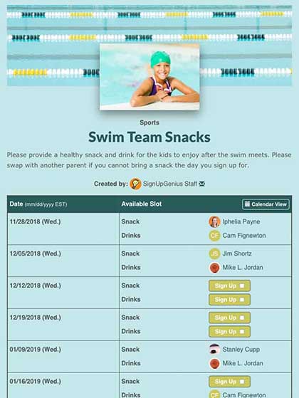 Organize Swim Meet Volunteers and Swimming Team Events for Free